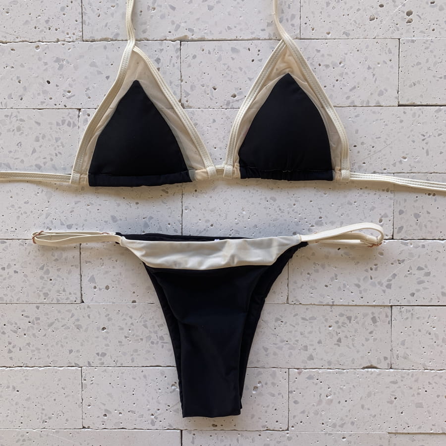 Biquini Cortininha Detalhe Tule Tecido Acetinado - Preto e Branco ...