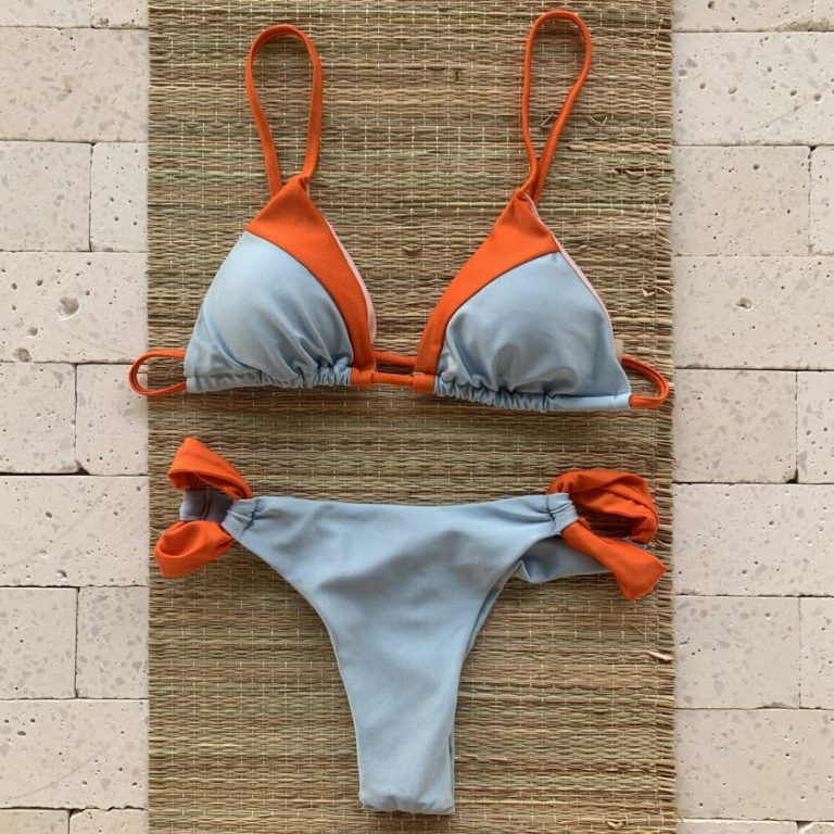 Biquíni Cortininha Detalhe Calcinha - Azul e Laranja Dondoca Moda Feminina