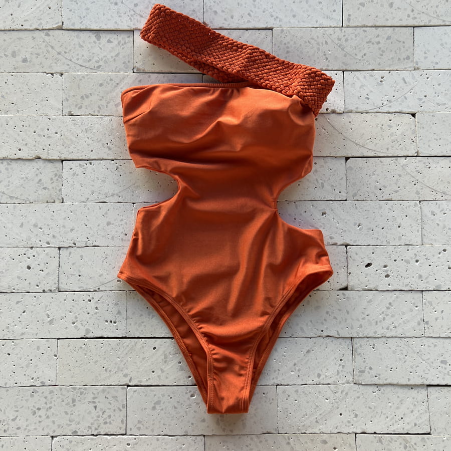 Body Maiô Um Ombro Só Abertura na Cintura - Terracota Dondoca Moda Feminina