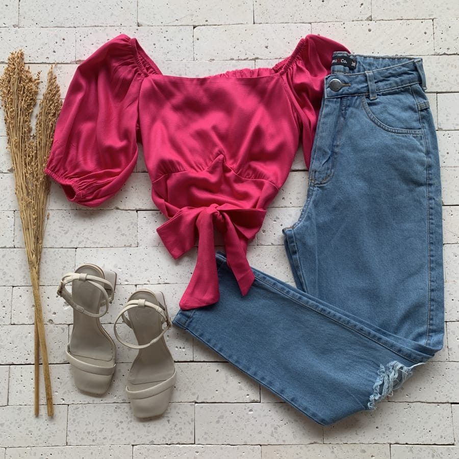 Cropped Princesa com Elástico nas Costas e Amarração Pink Dondoca Moda ...