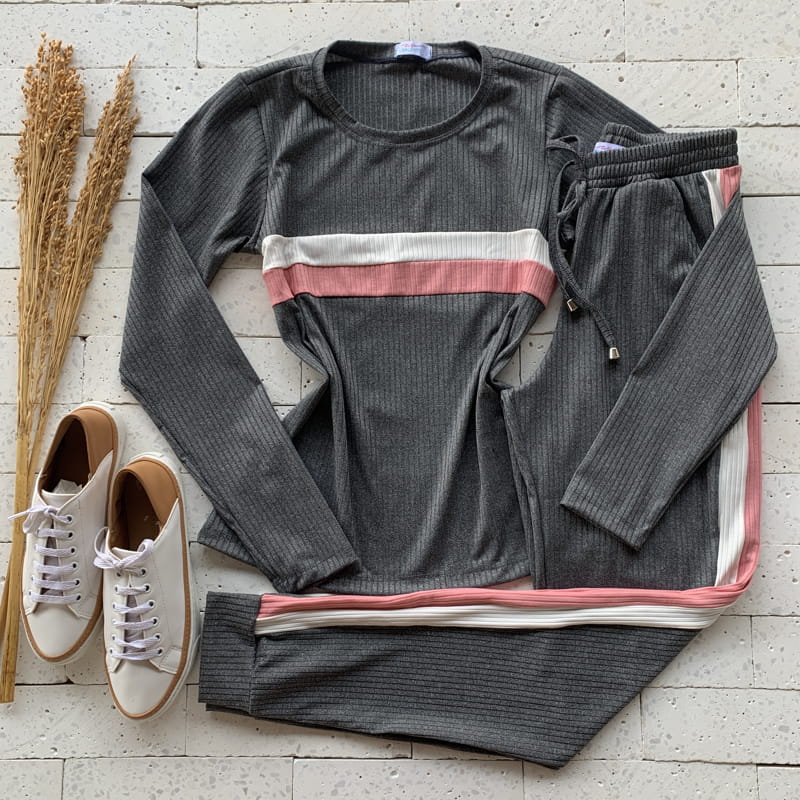 Conjunto Canelado Manga Longa Faixas Mescla com Rosê Dondoca Moda Feminina