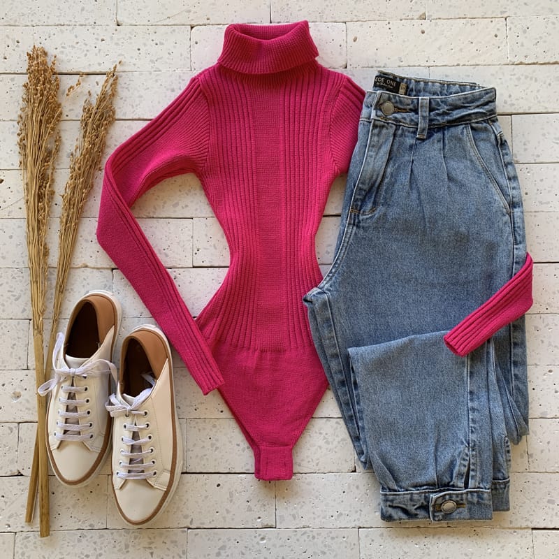 BODY MODAL PREMIUM MANGA LONGA COM GOLA ALTA PINK Dondoca Moda Feminina