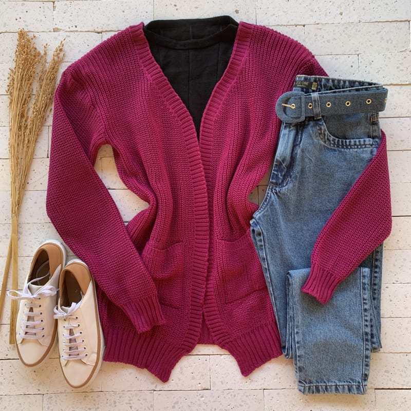 Cardigan Trico com Bolso Básic Magenta Dondoca Moda Feminina